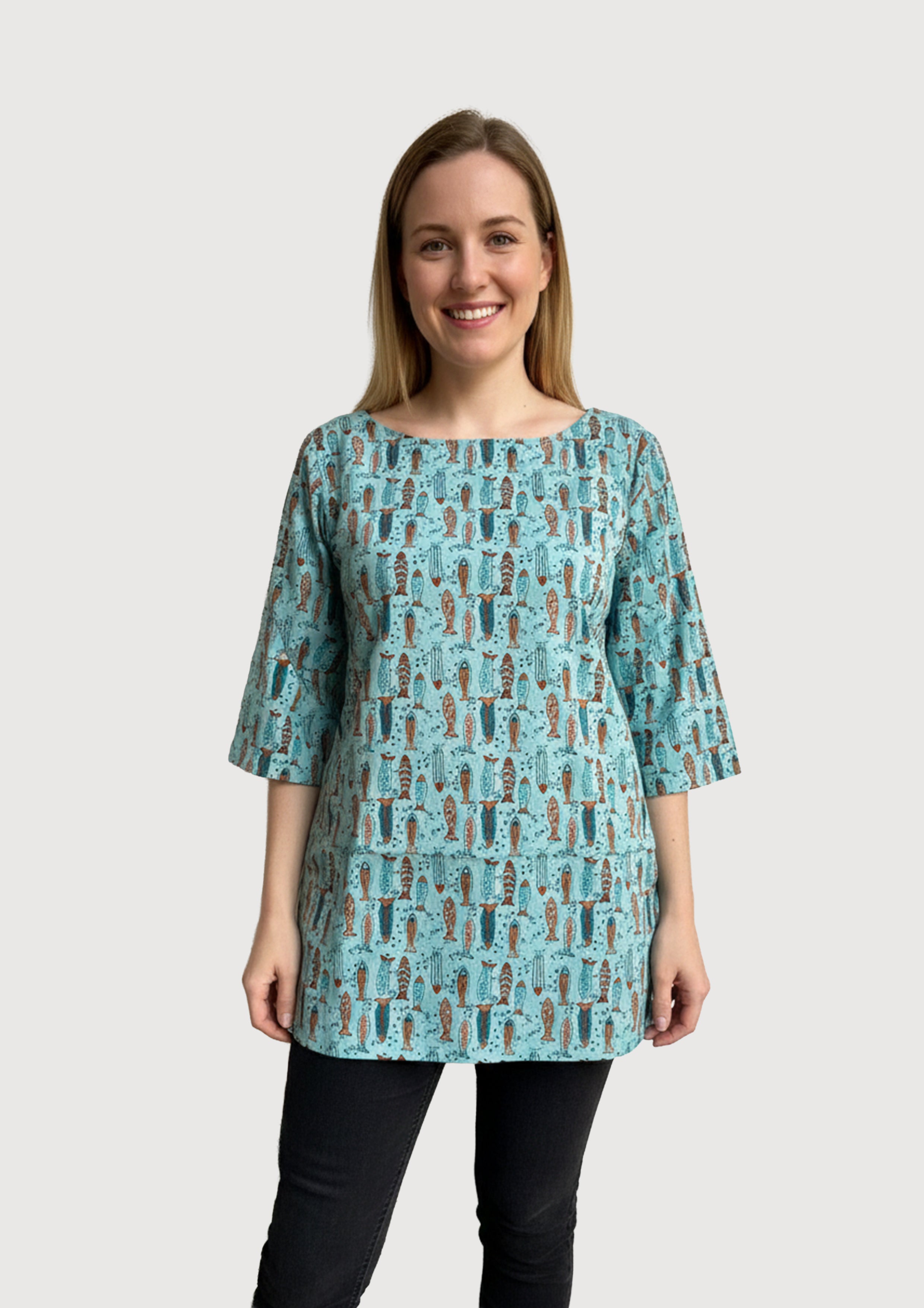 Women's Refreshing Aqua Blue with Multicolor Print Tunic Top/Short Top ...